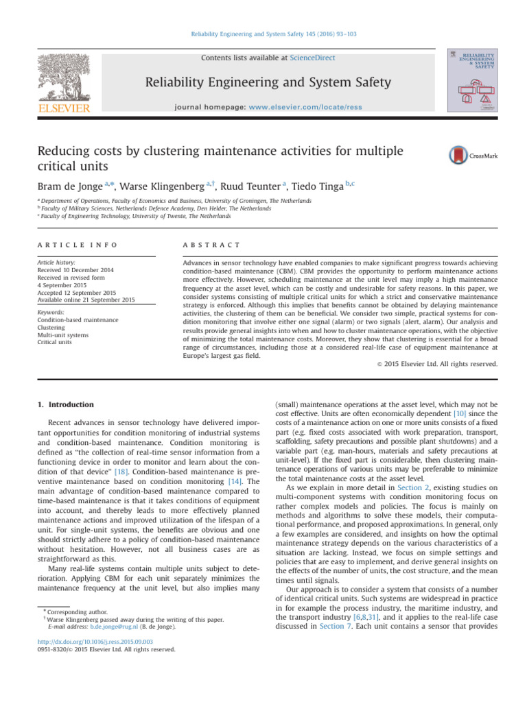 Reducing Costs By Clustering Maintenance Activities For Multiple Critical Units Pdf