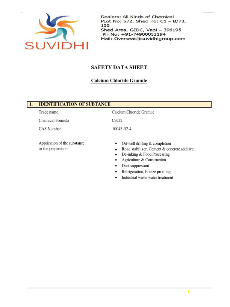 Calcium Chloride Granular | PDF | Dangerous Goods | Personal Protective ...