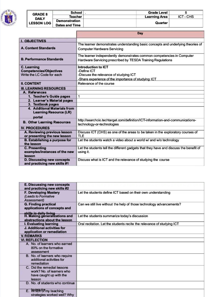 Grade 8 ICT Lesson Log: CHS Overview | PDF | Educational Technology ...