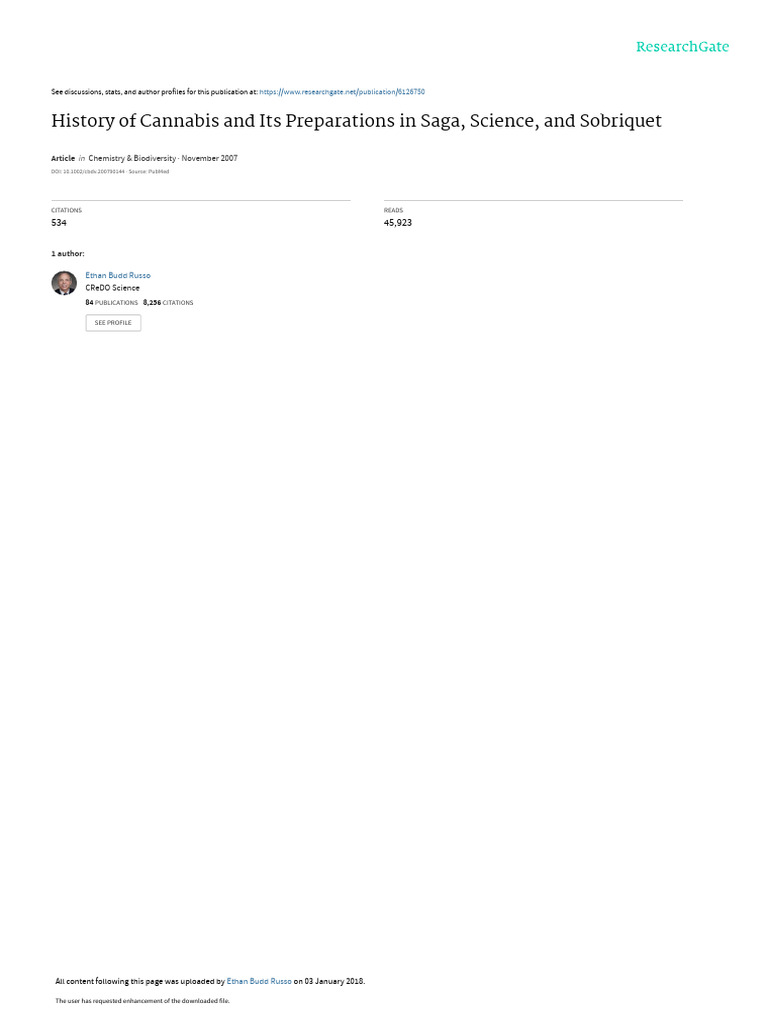 Russo 2007 History Chem Biodiversity Pdf Cannabis Drug Cannabis