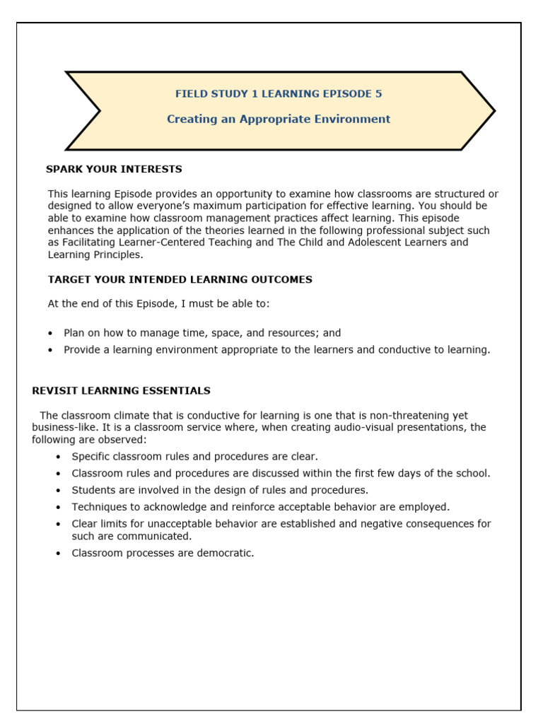 FS 1 Episode 5 Creating An Appropriate Learning Environment Done | PDF ...