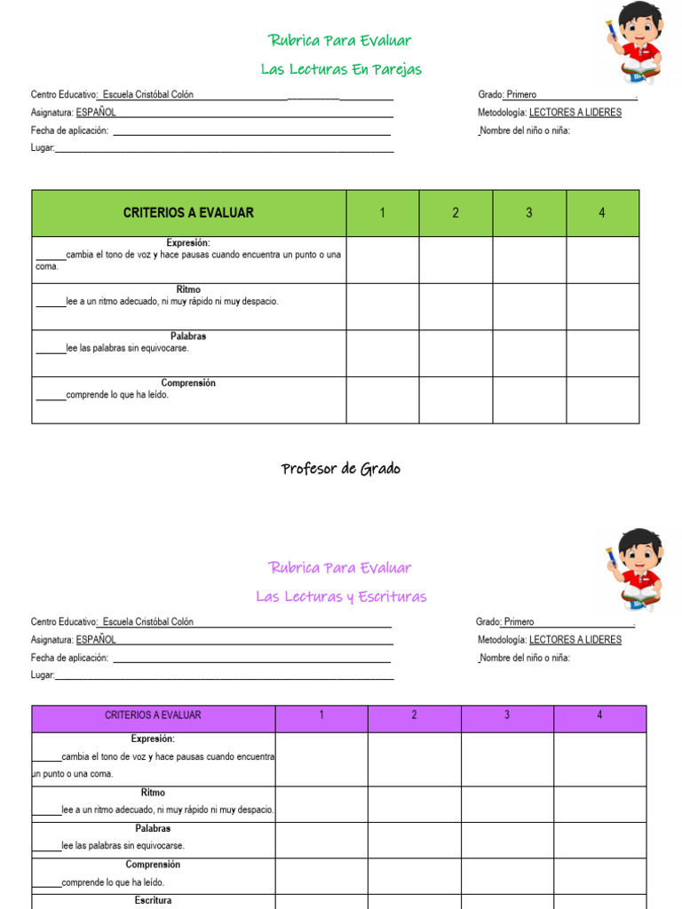 Rúbrica de Evaluación para Primer Grado | PDF | Maestros | Evaluación