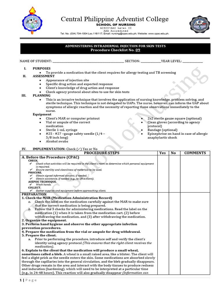 Id Administering Intradermal Injection | PDF | Injection (Medicine ...