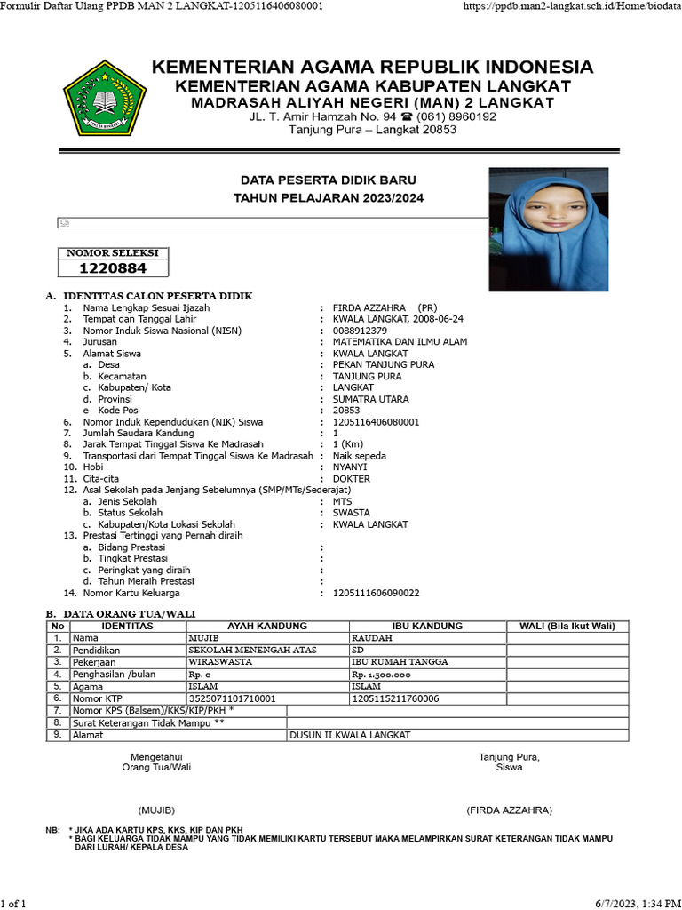 Formulir Daftar Ulang PPDB MAN 2 LANGKAT-1205116406080001 | PDF Formulir Daftar Ulang PPDB MAN 2 LANGKAT-1205116406080001 | PDF