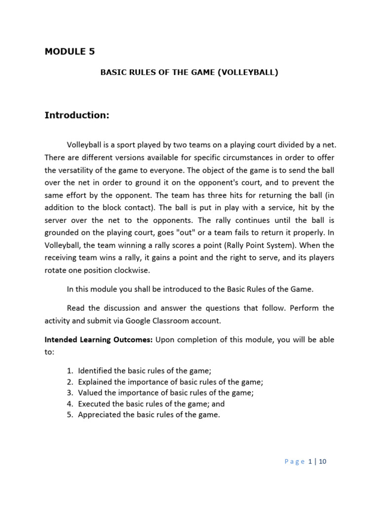 Pe - 4 Module 1 - Lesson 5 | PDF | Volleyball | Athletic Sports