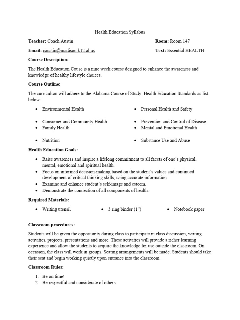 Health Education Course Outline | PDF | Health Education | Classroom