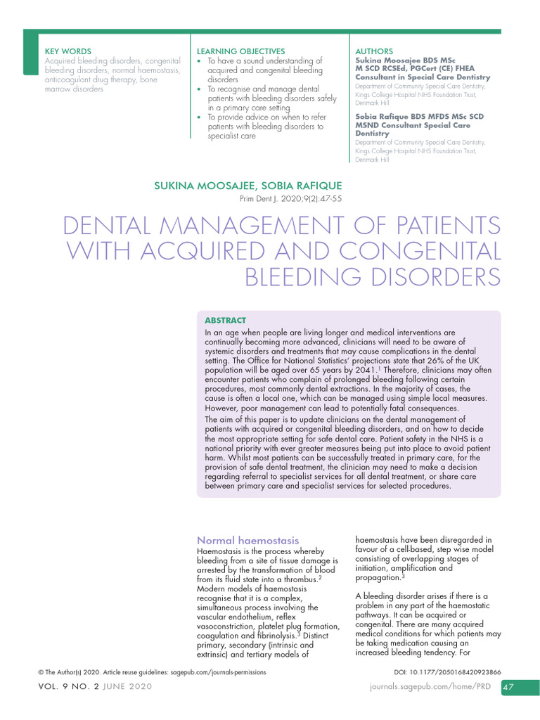 Dental Management of Patients With Acquired and Congenital Bleeding ...