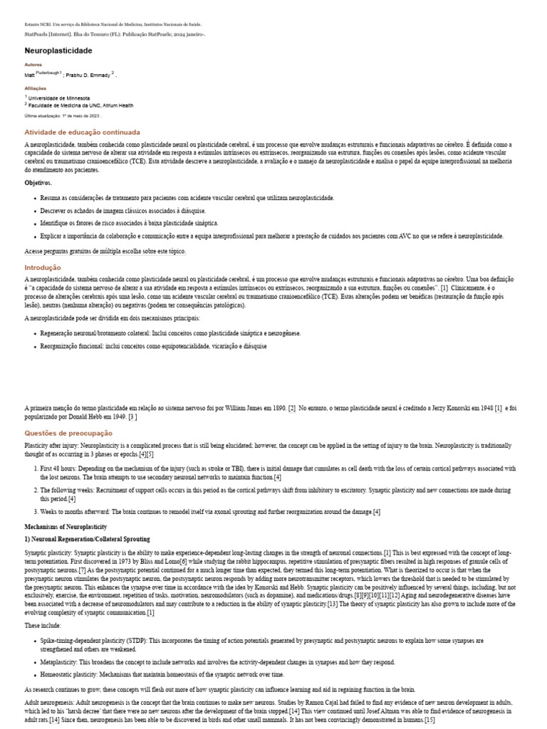 Neuroplasticity - StatPearls - NCBI Bookshelf | PDF | Corpo humano ...