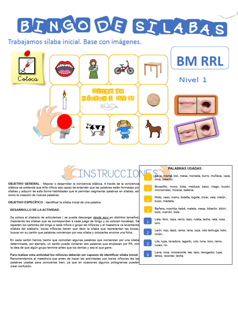 Bingo Conciencia Fonologica 2 Ok Sin Sellos | PDF | Sílaba