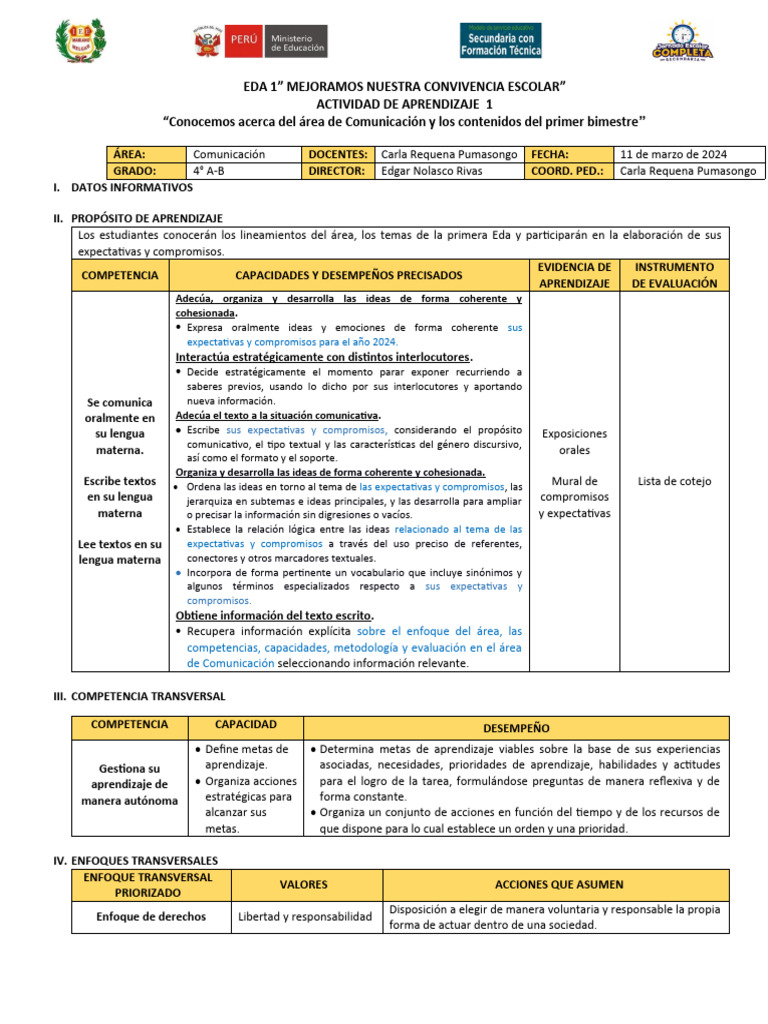 EDA 1-Sesión 1-Com 4°2024-Conocemos Acerca Del Área y Nuestra Primera EDA-1 | PDF | Comunicación ...