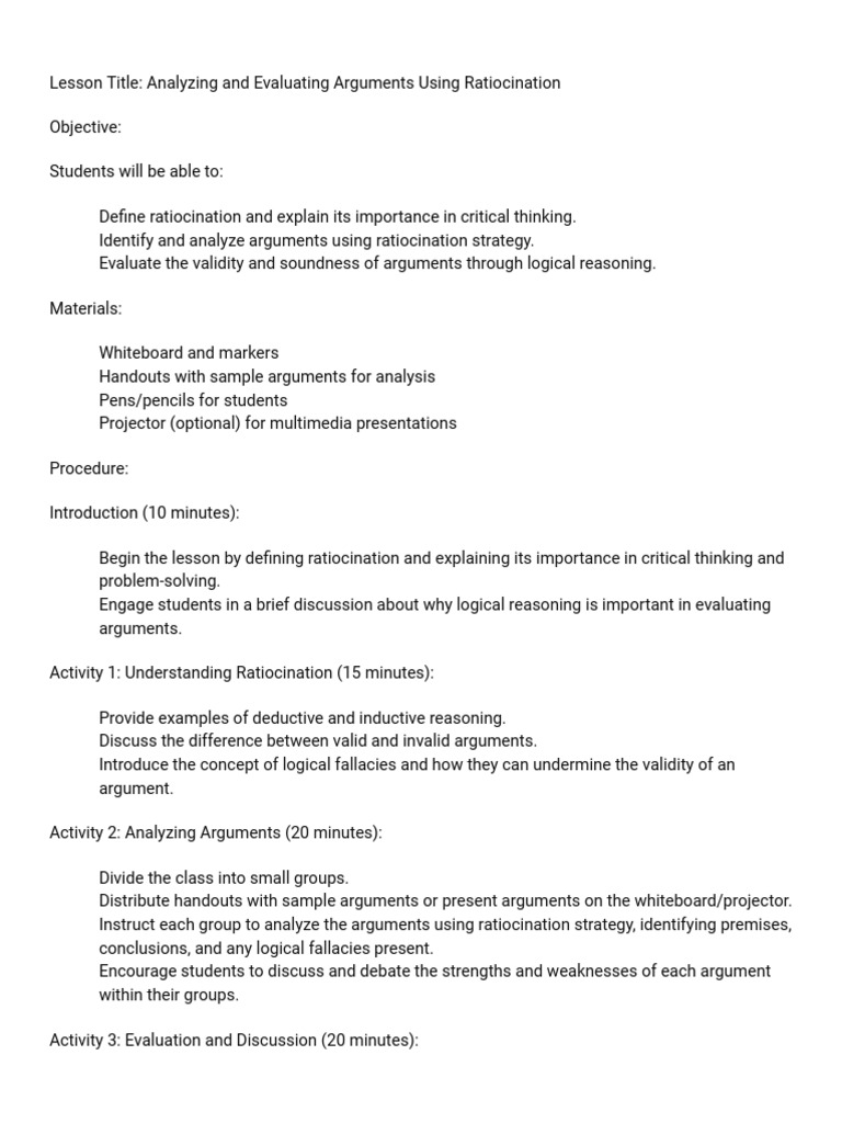 Lesson Title_ Analyzing and Evaluating Arguments Using Ratiocination ... Lesson Title_ Analyzing and Evaluating Arguments Using Ratiocination ...