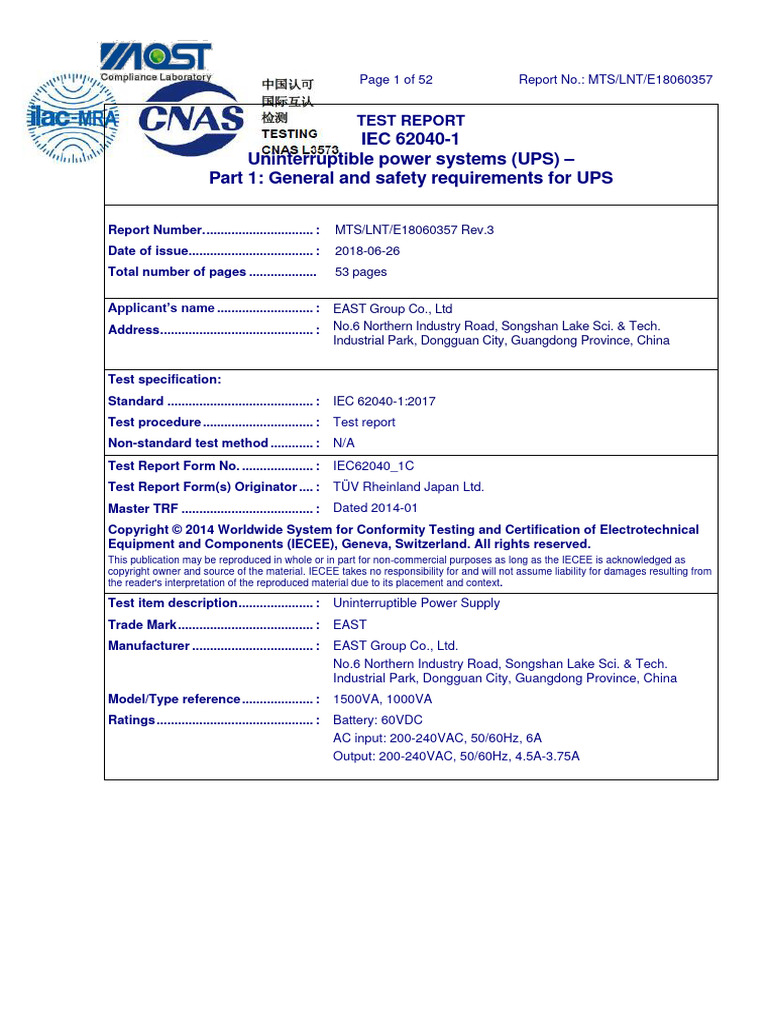 IEC62040-1 Report Sample | PDF | Manufactured Goods | Electrical Equipment