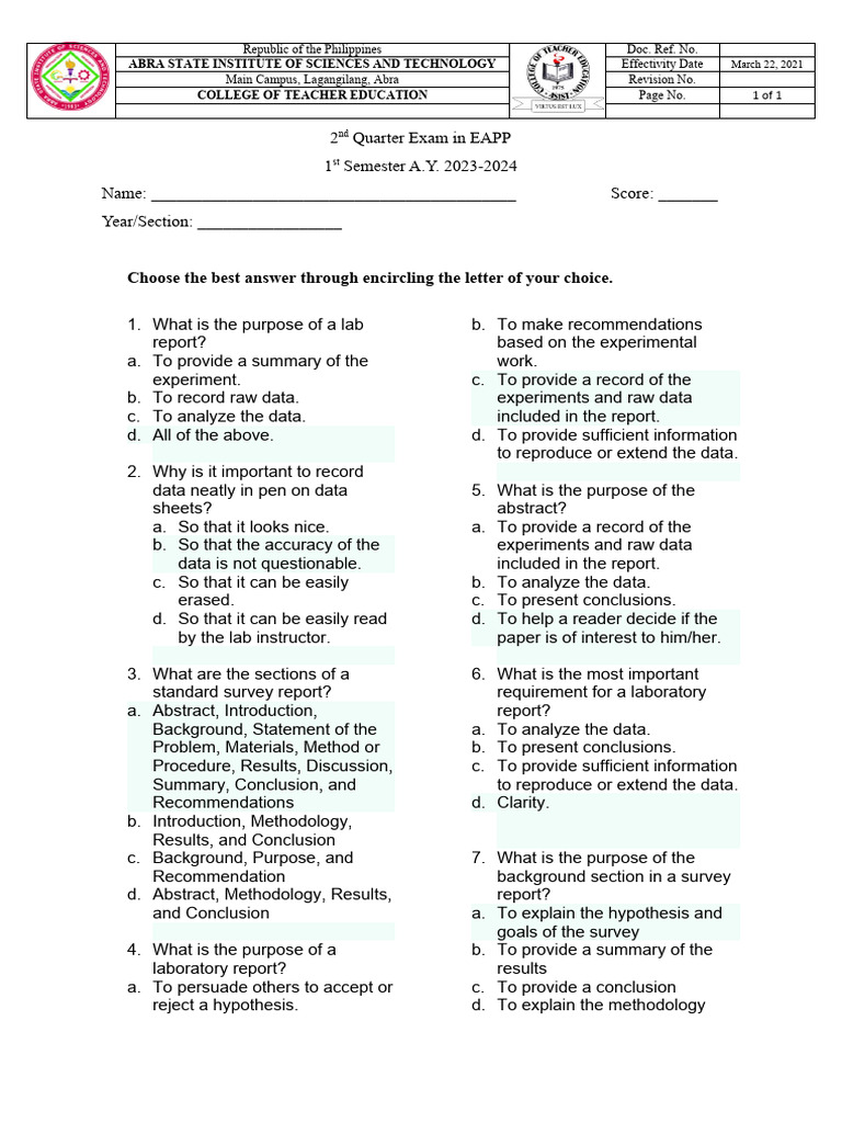 2nd Quarter Exam in EAPP | PDF | Essays | Methodology
