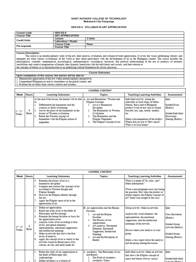 Art Appreciation Syllabus - GEN ED 6 | PDF | Aesthetics | Psychology