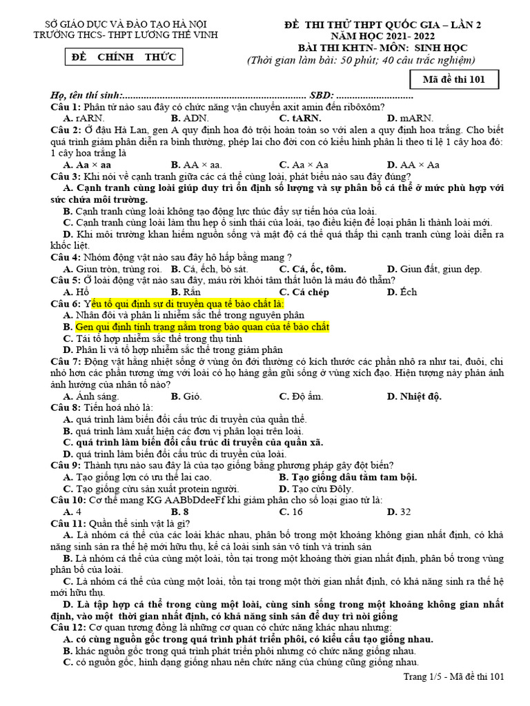 Đề Thi Thử Tn Thpt Lần 2 - sinh - mã101 | PDF
