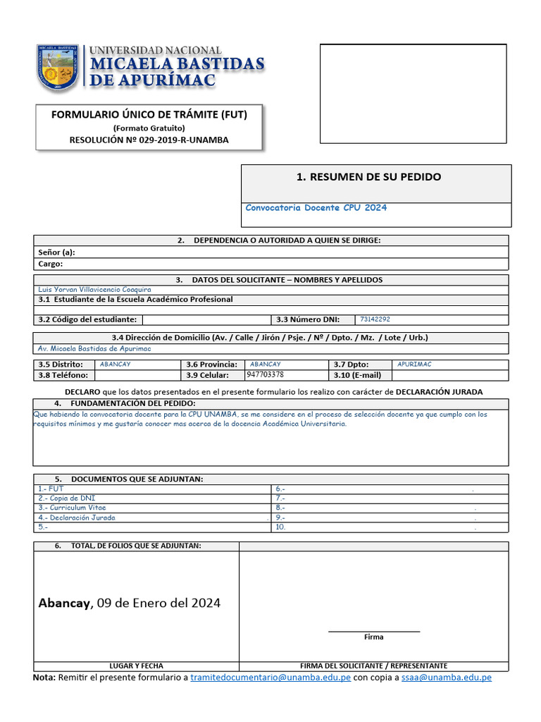 Formulario Único de Trámite (Fut) : 1. Resumen de Su Pedido | PDF