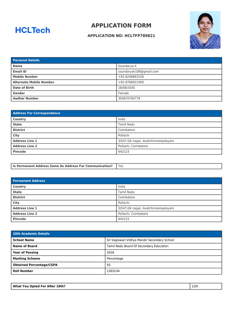 Application Form HCLTFP789821 | PDF