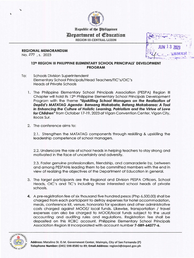 RM NO. 277 S.2023 12th REGION III PHILIPPINE ELEMENTARY SCHOOL ...