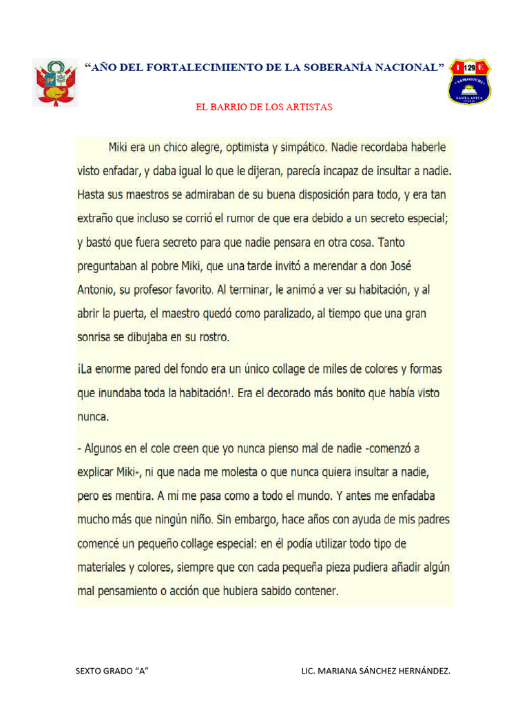 Comprensión Lectora - El Barrio de Los Artistas | PDF