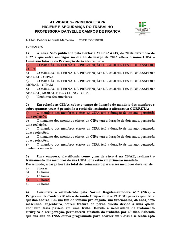 Debora Andrade Marcelino - LISTA DE ATIVIDADE 2 - HST | PDF | Enfermagem
