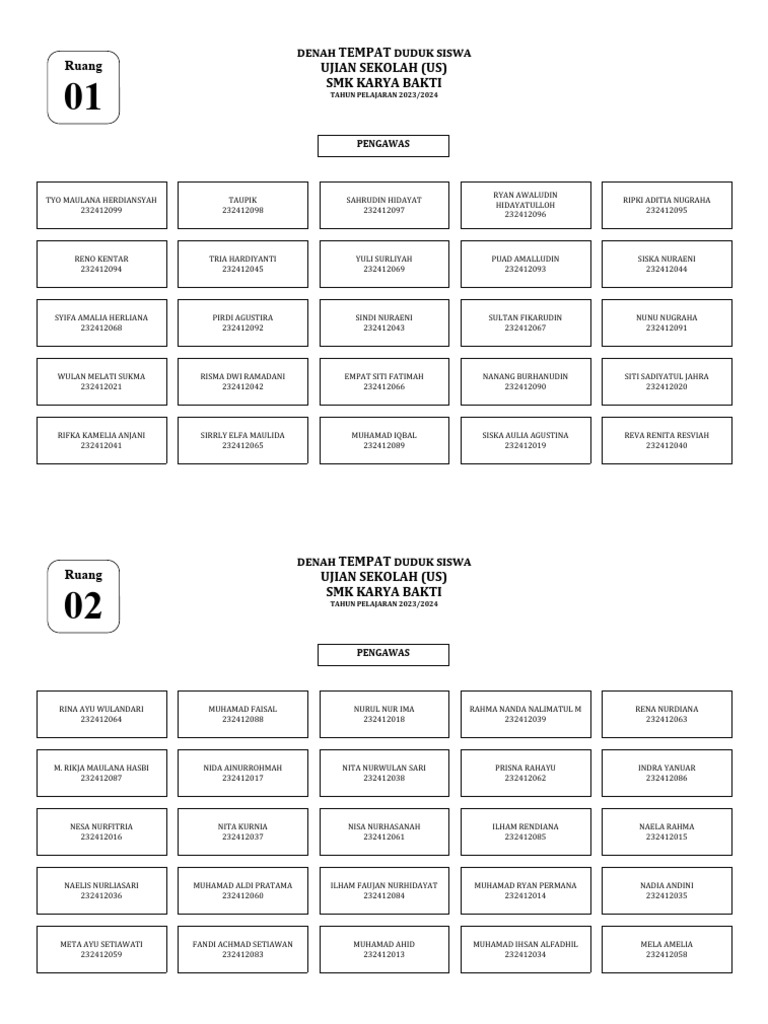 Denah Duduk Ujian SMK 2023/2024 | PDF