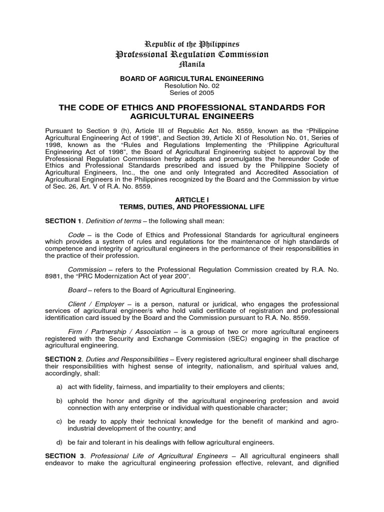 Code of Ethics for Agricultural Engineers | PDF | Engineer | Employment
