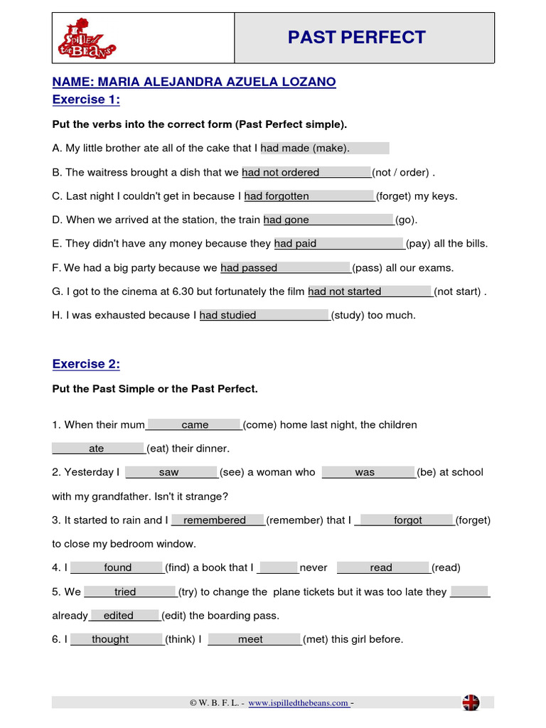Exercises Past Perfect | PDF
