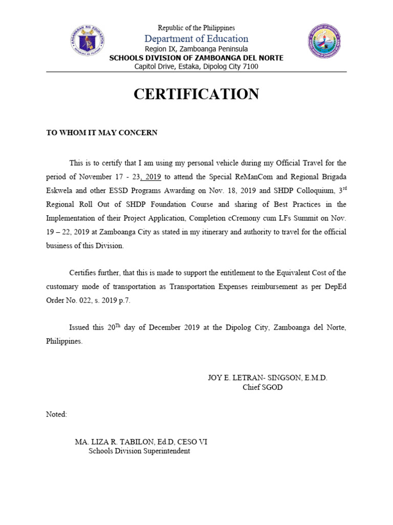 Travel Certification for Reimbursement | PDF