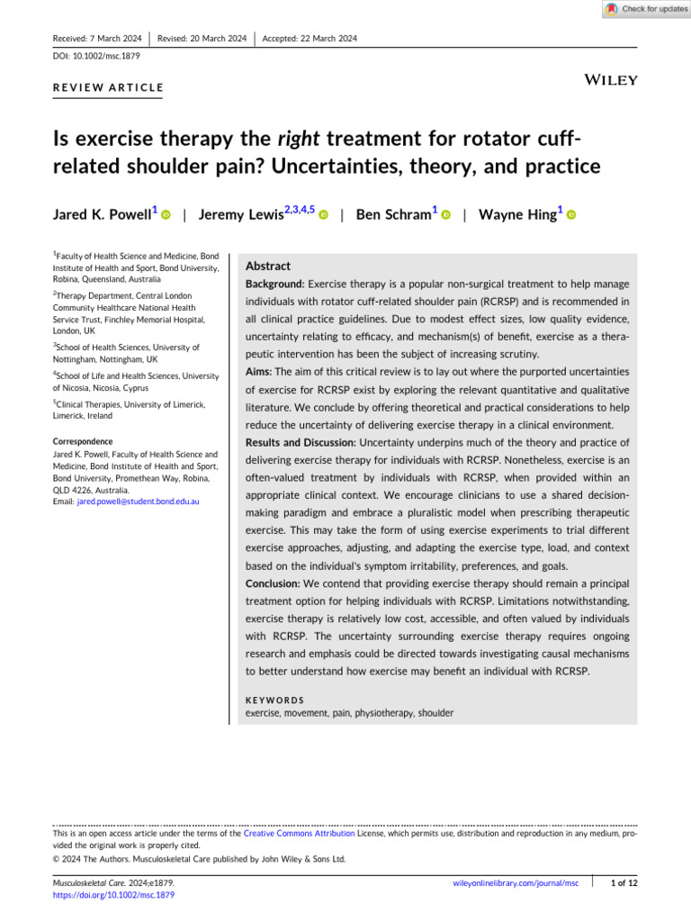 Musculoskeletal Care - 2024 - Powell - Is Exercise Therapy The Right ...