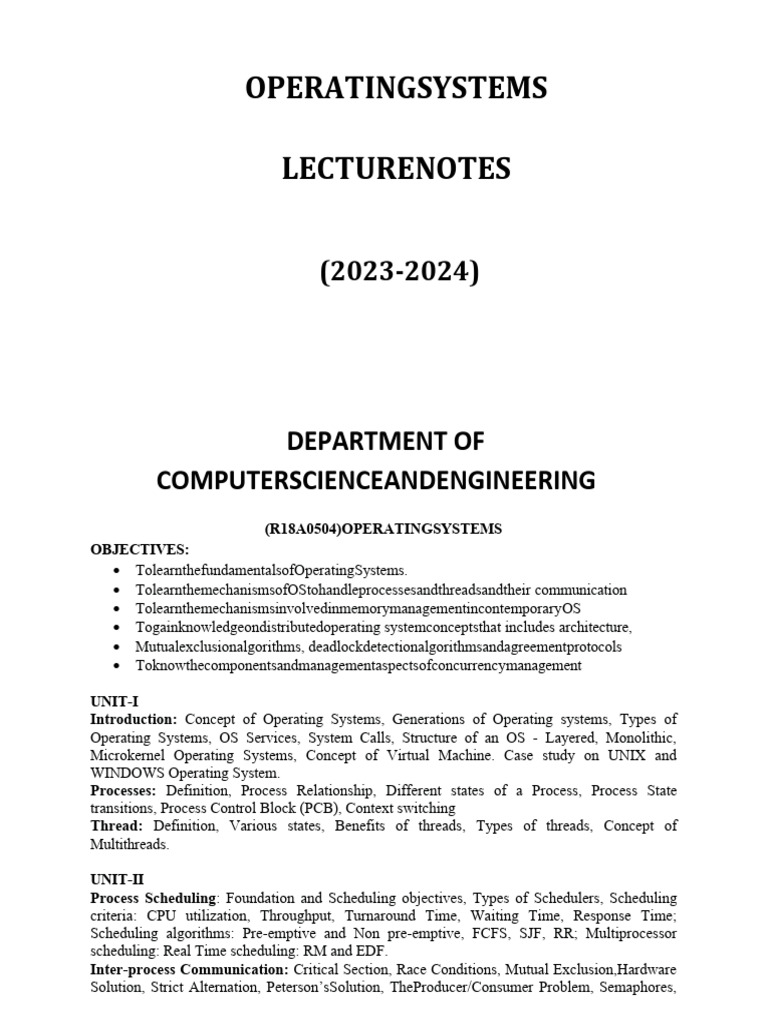 Operating Systems Notes R18 Pdf Thread Computing Operating System
