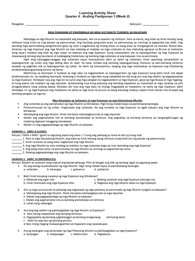 AP 5 Learning Activity Sheet For April 8 11 | PDF