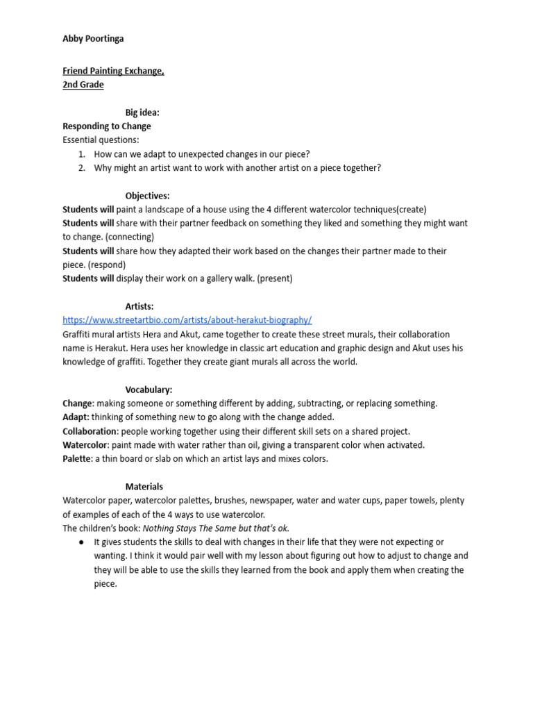 abby poortinga k-2 lesson plan card | PDF | Paintings | Watercolor Painting
