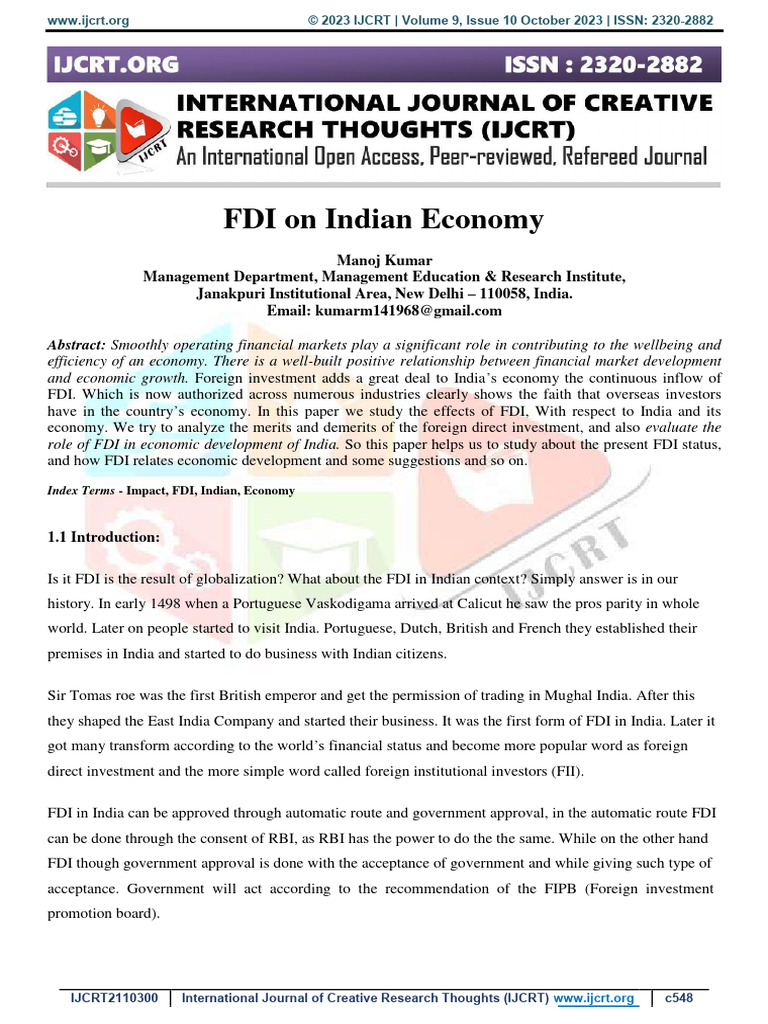 IJCRT FDI Paper Important | PDF | Foreign Direct Investment | Investing