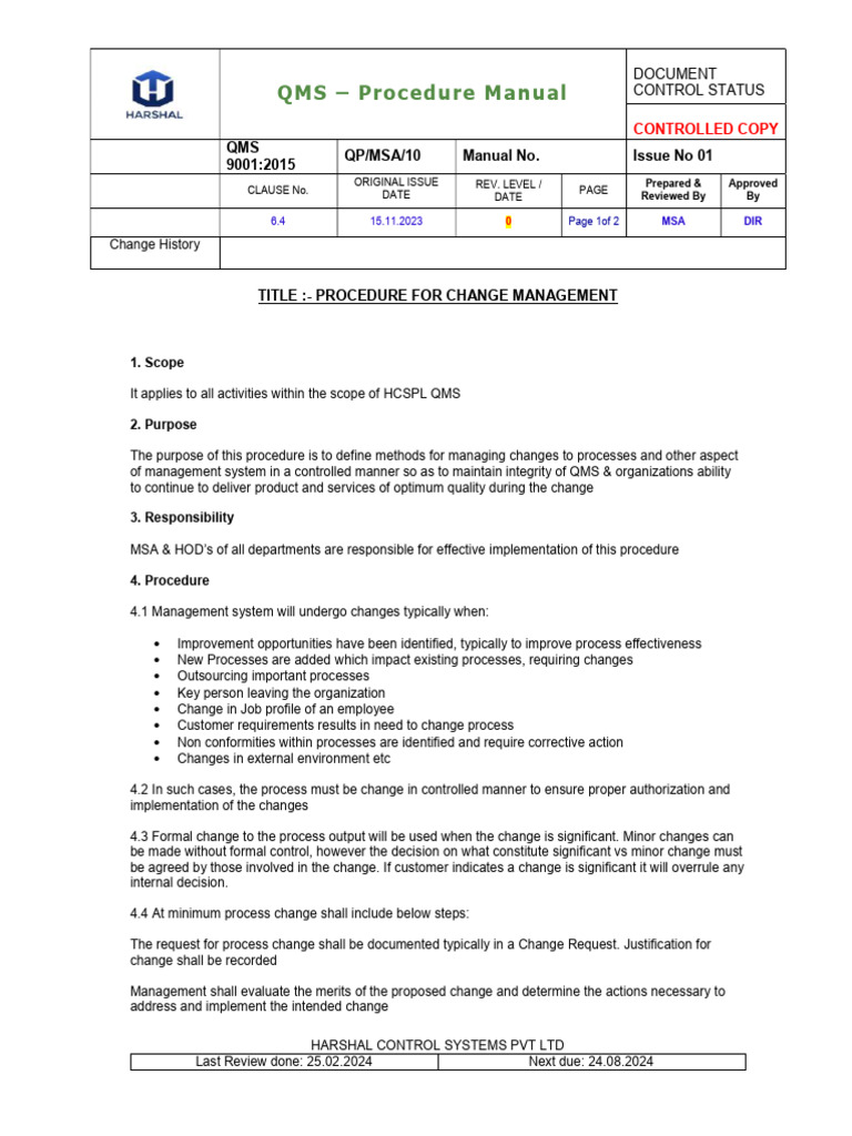Change Management Procedure Overview | PDF | Quality Management System ...