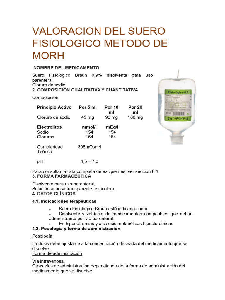 VALORACION DEL SUERO FISIOLOGICO METODO DE MORH DATOS DE IDENTIFICACION DE SUERO Y AMPOLLA | PDF ...