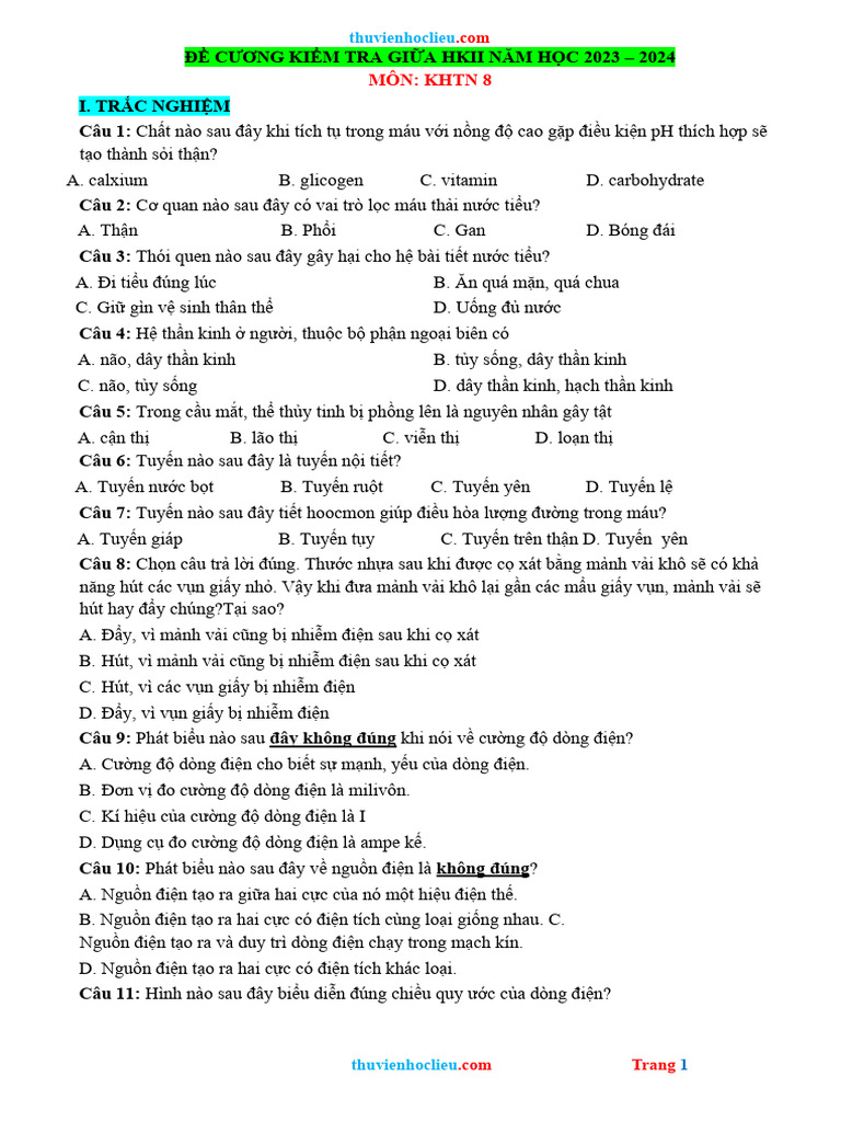 De Cuong On Tap KHTN 8 Canh Dieu Giua HK2 Nam 23 24 | PDF