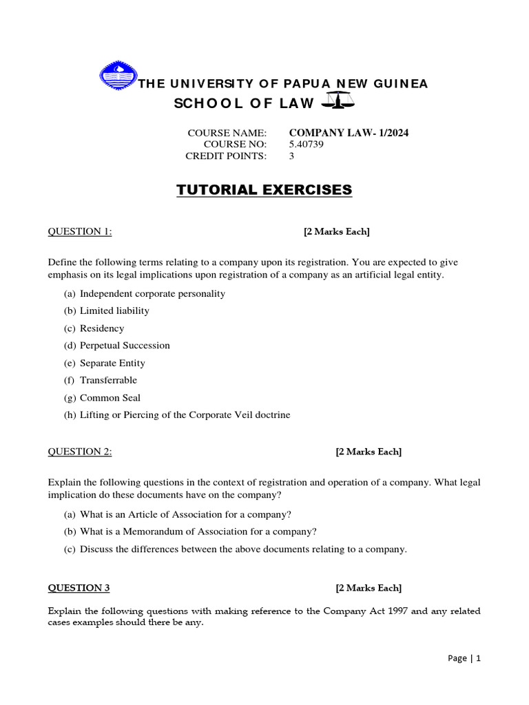 Company Law Tutorial Exercises | PDF | Corporations | Civil Law (Legal ...