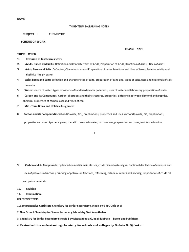 SS1 Chemistry 3rd Term Lesson Note PDF | PDF | Ph | Acid