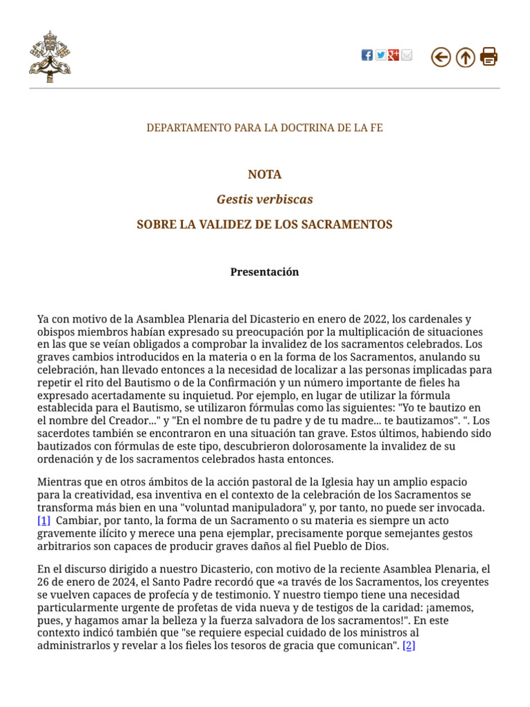 NOTA Gestis Verbisque. Sobre La Validez de Los Sacramentos (02-Feb-2024) - Doctrina de La Fe ...
