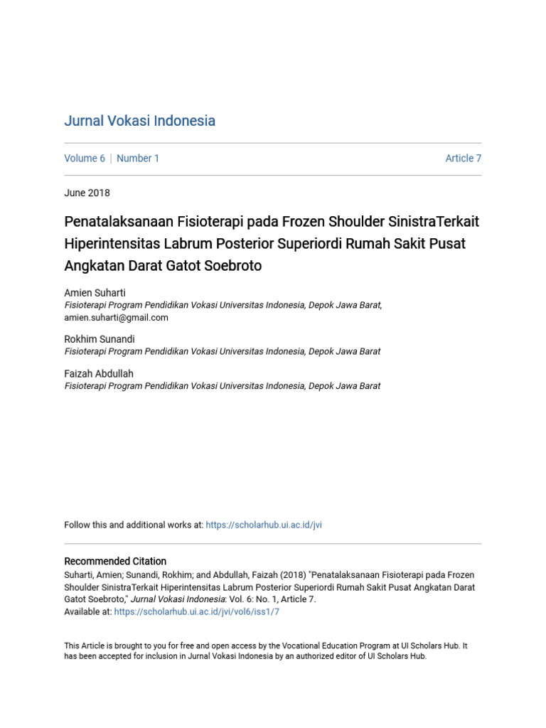 Penatalaksanaan Fisioterapi Pada Frozen Shoulder SinistraTerkait | PDF | Pengembangan Diri