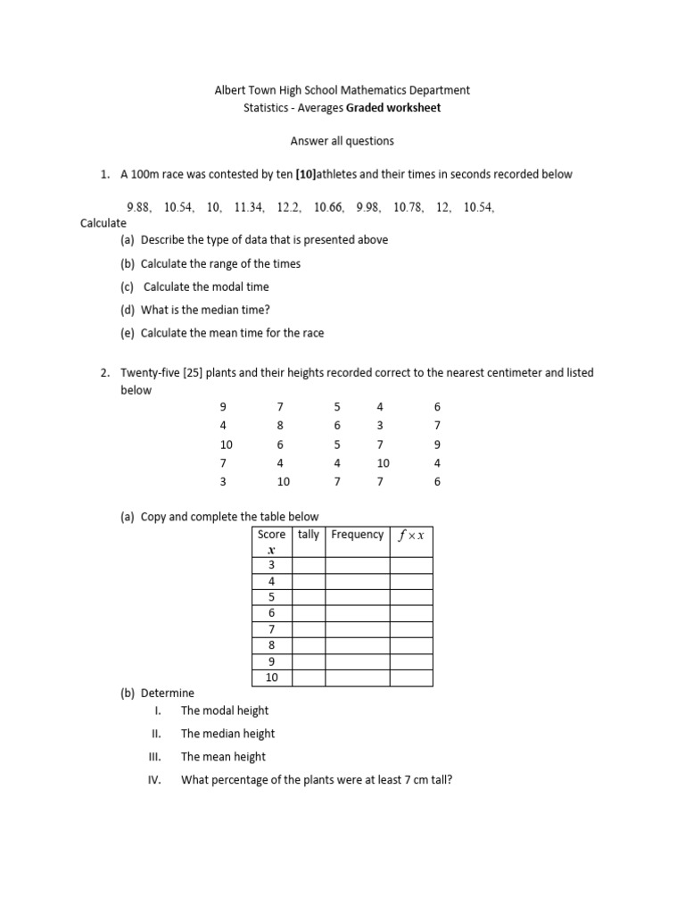 Math Worksheet: Averages & Statistics | PDF | Statistics