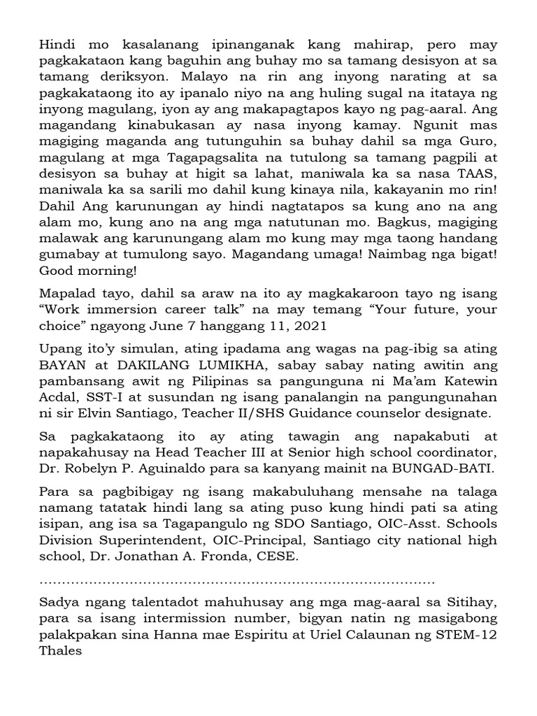 Script para Sa Grade 12 Work Immersion | PDF