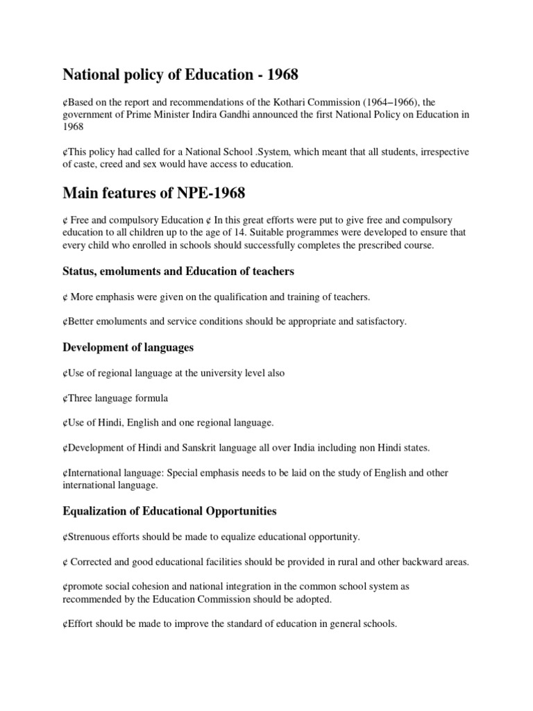 National Education Policy 1968 Overview | PDF