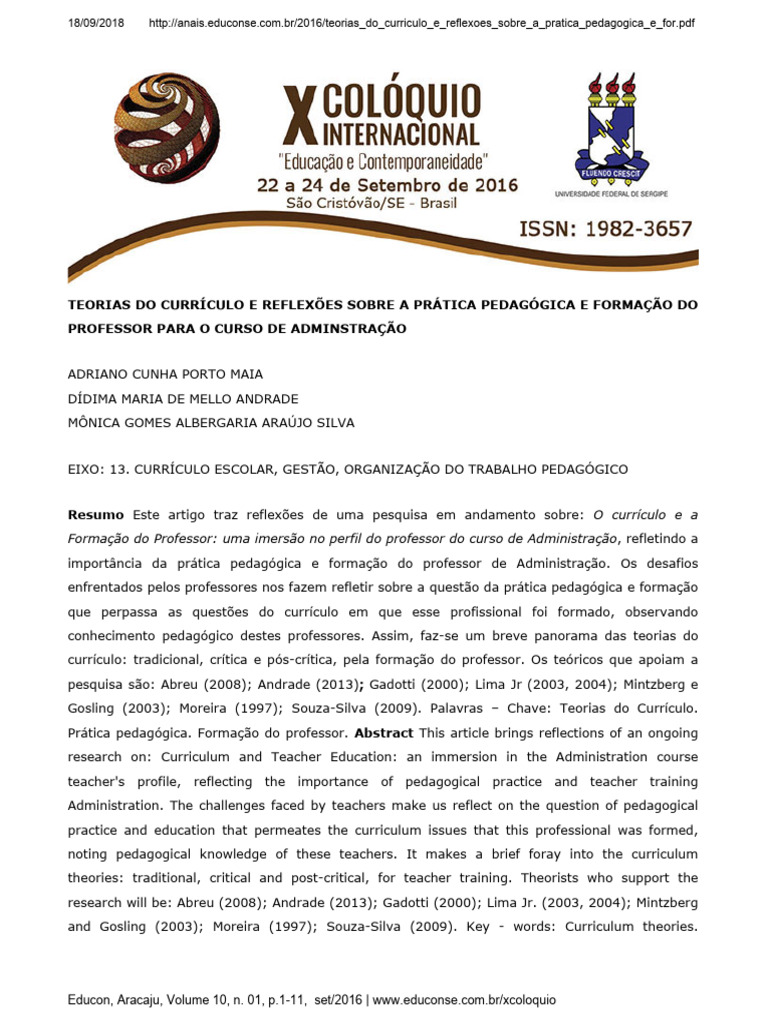 Teorias Do Curriculo e Reflexoes Sobre A Pratica Pedagogica e Formacao ... Teorias Do Curriculo e Reflexoes Sobre A Pratica Pedagogica e Formacao ...