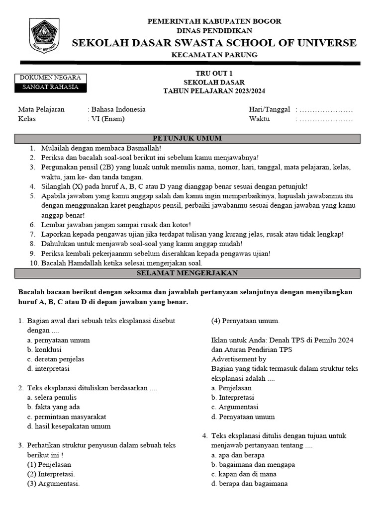 Soal Tryout 1 Bahasa Indonesia | PDF