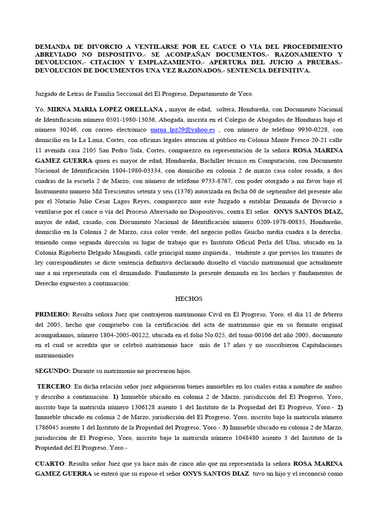 Demanda de Divorcio en Progreso, Yoro | PDF | Demanda judicial | Matrimonio