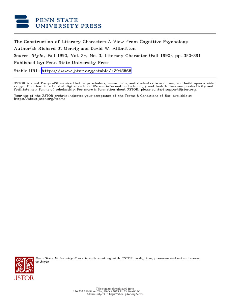 Gerrig ConstructionLiteraryCharacter 1990 | PDF | Psychology | Cognition