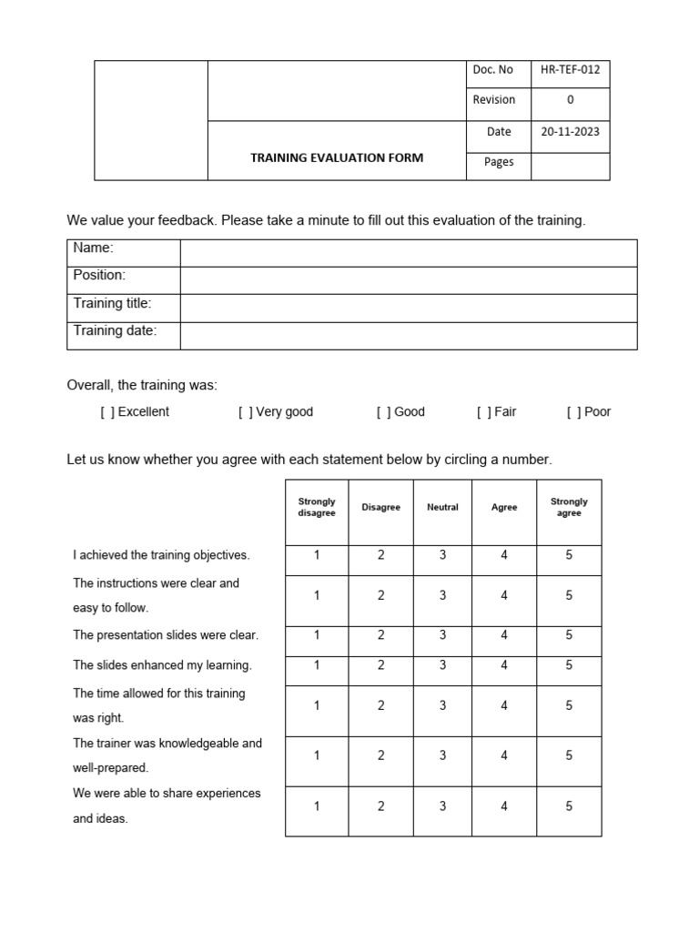 Traning Evaluation Form Draft | PDF | Knowledge | Cognition