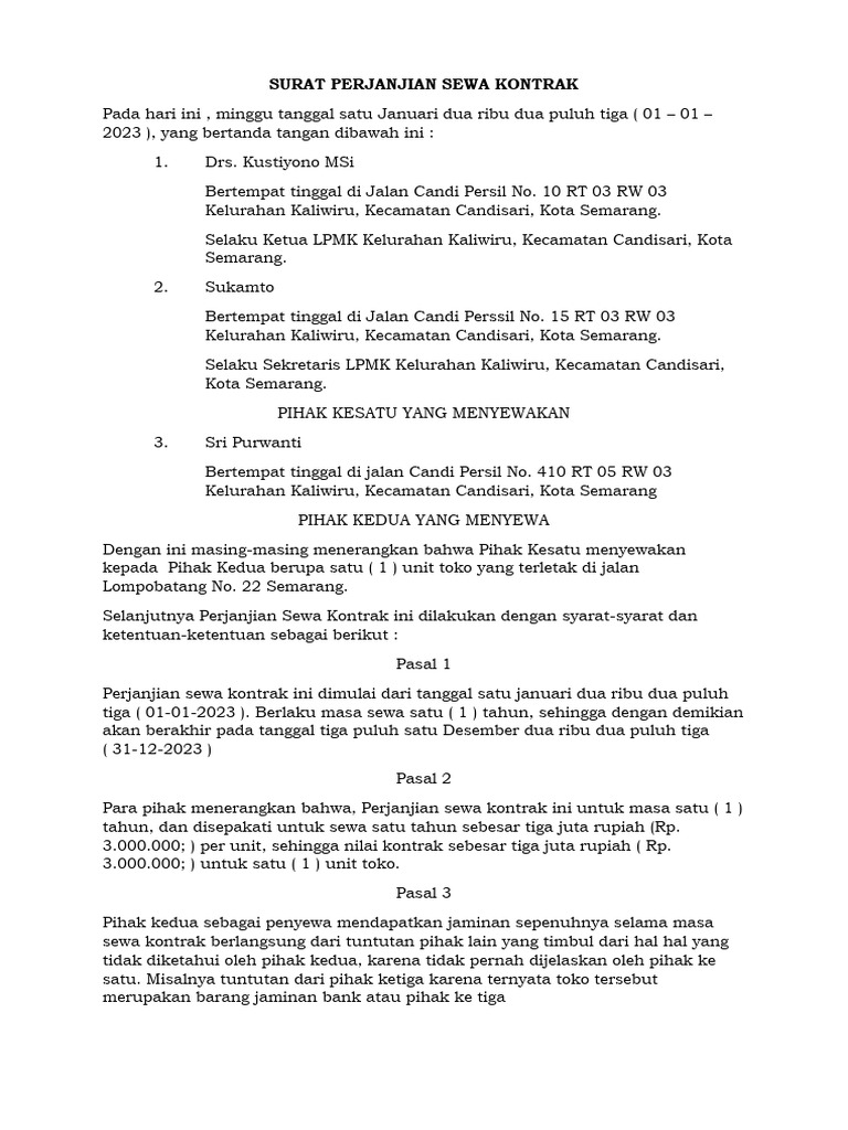 Surat Perjanjian Sewa Kontrak Pdf