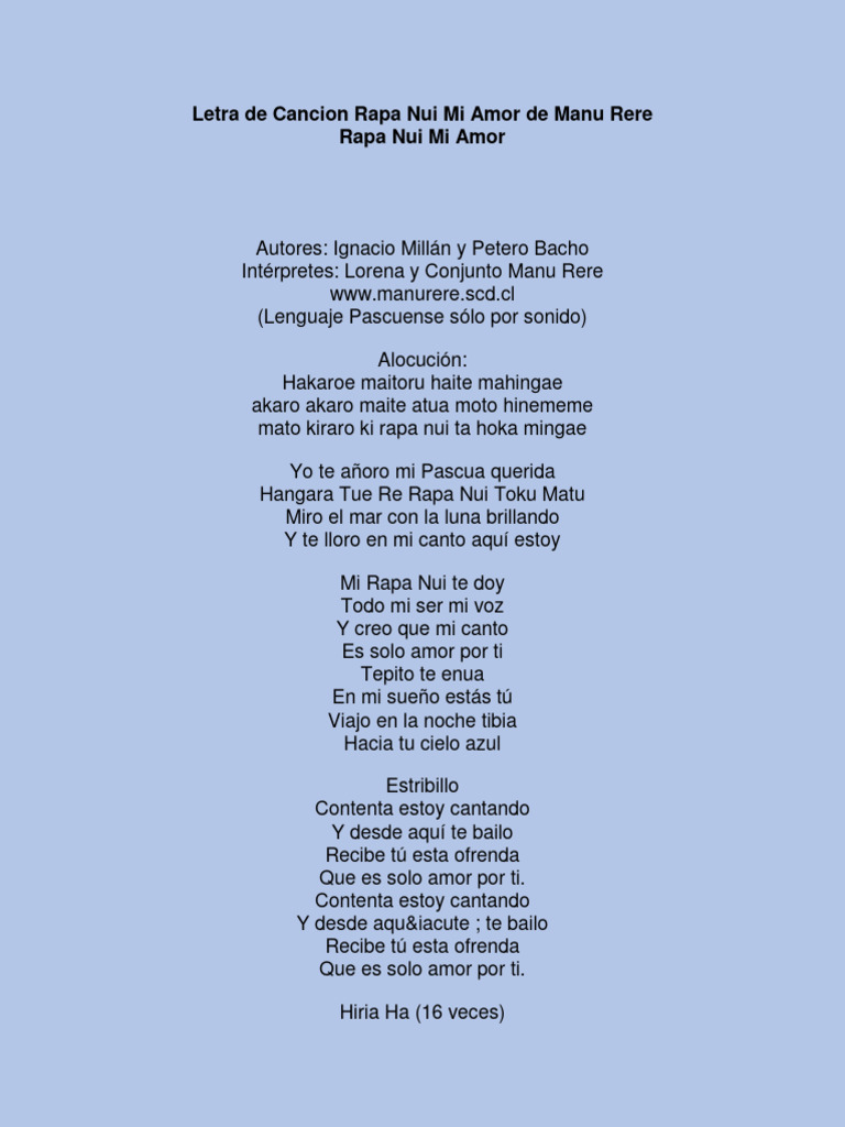 Letra de "Rapa Nui Mi Amor" | PDF